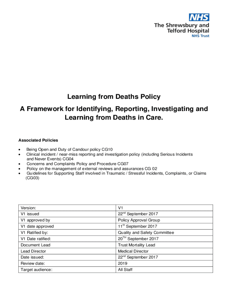 Fillable Online Policy: - MD002 Learning from Deaths: The right thing ...