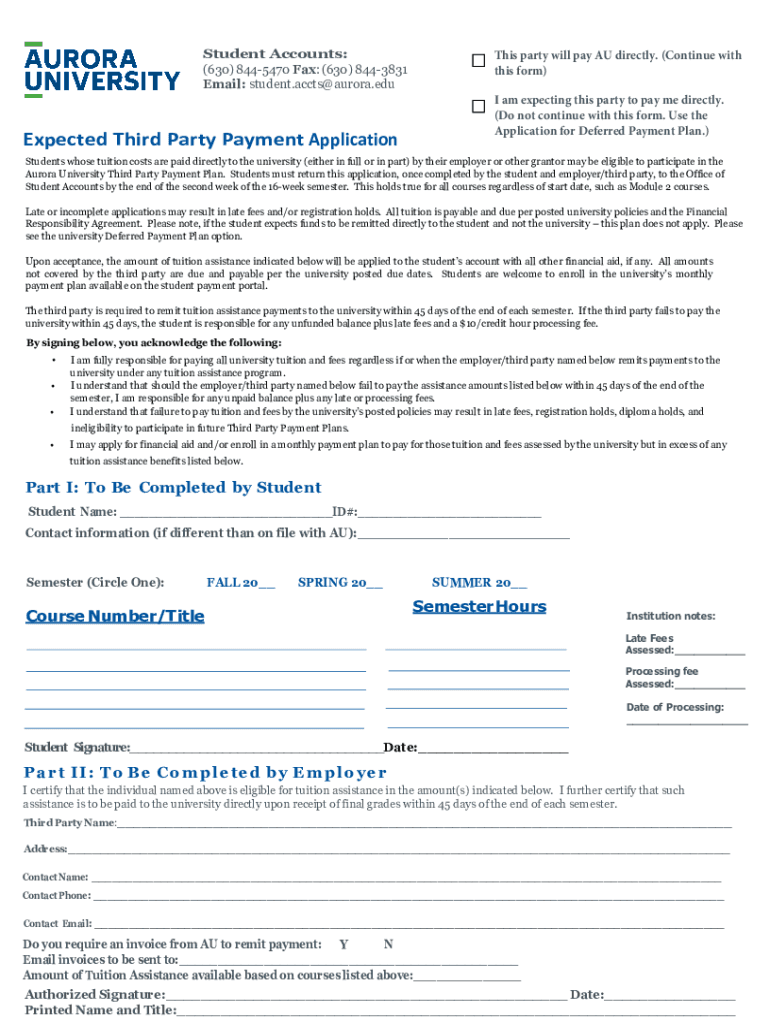 Fillable Online TUITION/FEES PAYMENT AGREEMENT FORM ... - Aurora ...