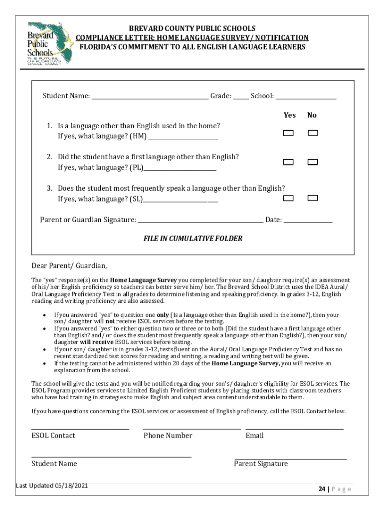 Fillable Online ELL Home Language Survey NEW Students to ... Fax Email ...