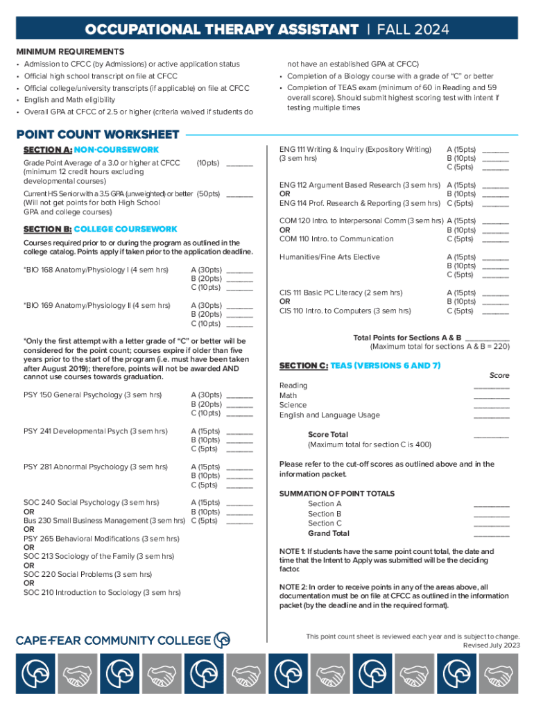 Fillable Online Occupational Therapy Assistant Point Count Sheet Fax Email Print - pdfFiller