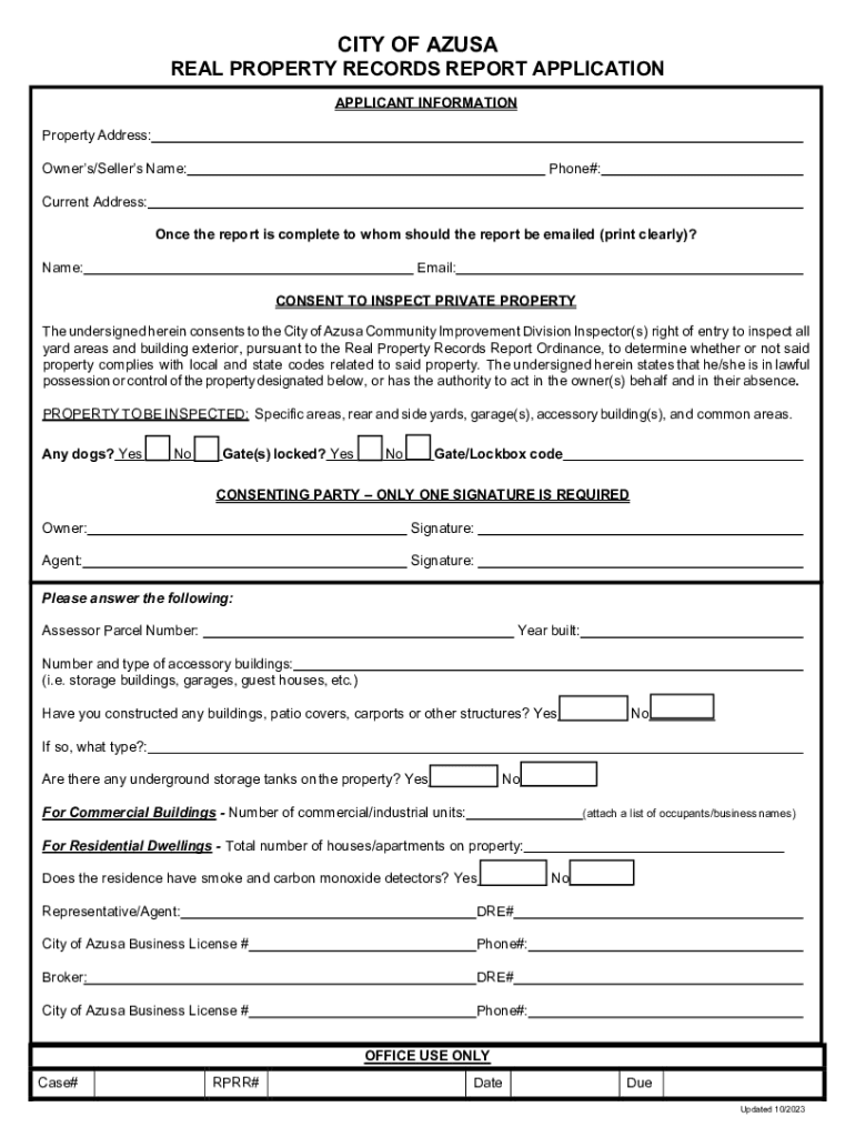 Fillable Online The City of Azusa Real Property Records Report Presale ...