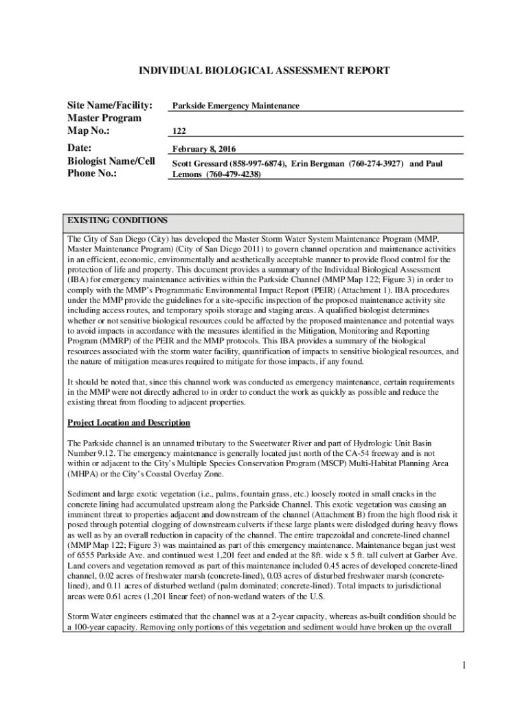 Fillable Online 1 INDIVIDUAL BIOLOGICAL ASSESSMENT REPORT Site ... Fax ...