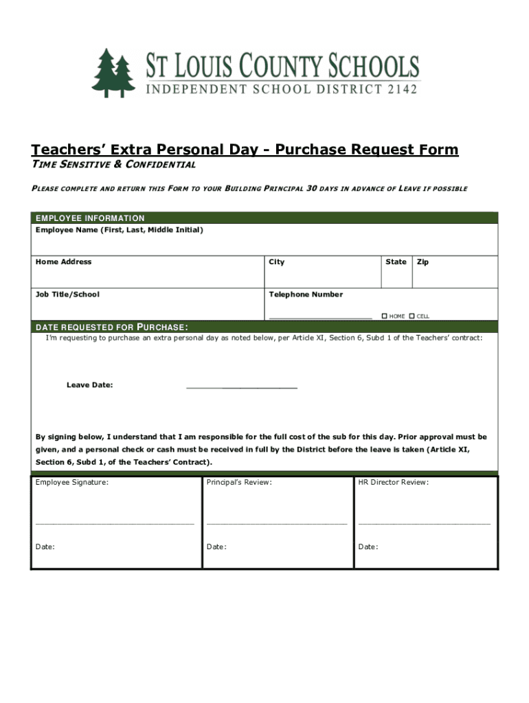 Fillable Online Teachers' Extra Personal Day - Purchase Request Form Fax Email Print - pdfFiller