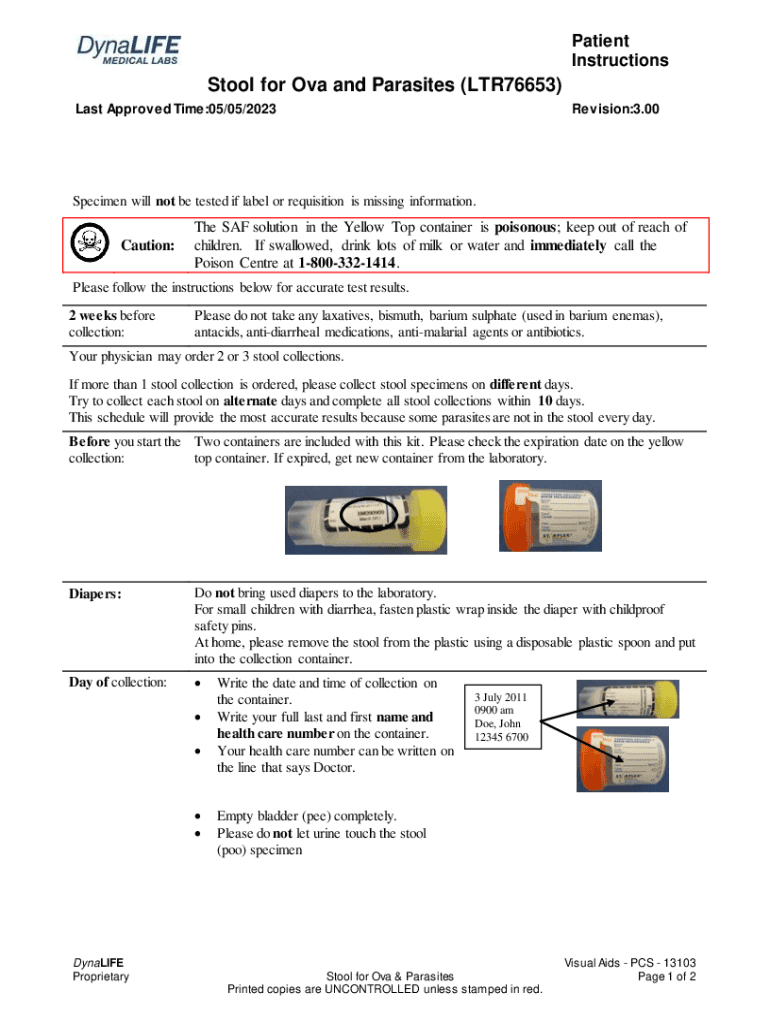 Fillable Online Patient Instructions for Stool collection for Ova and ...