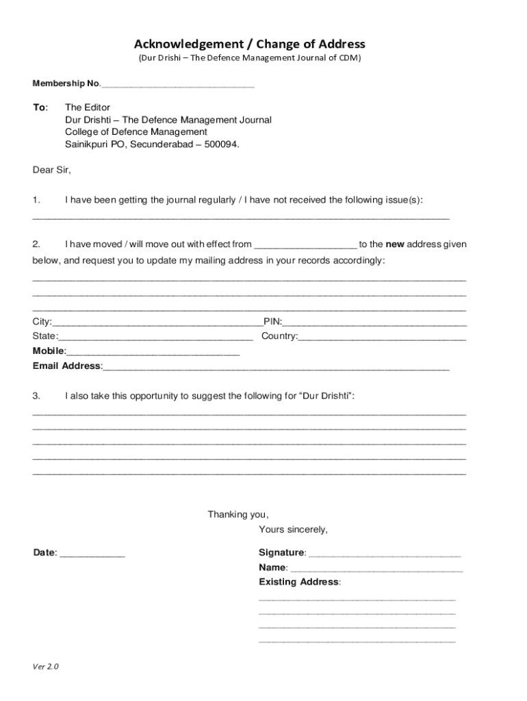 Fillable Online cdm ap nic Acknowledgement / Change of Address Fax ...