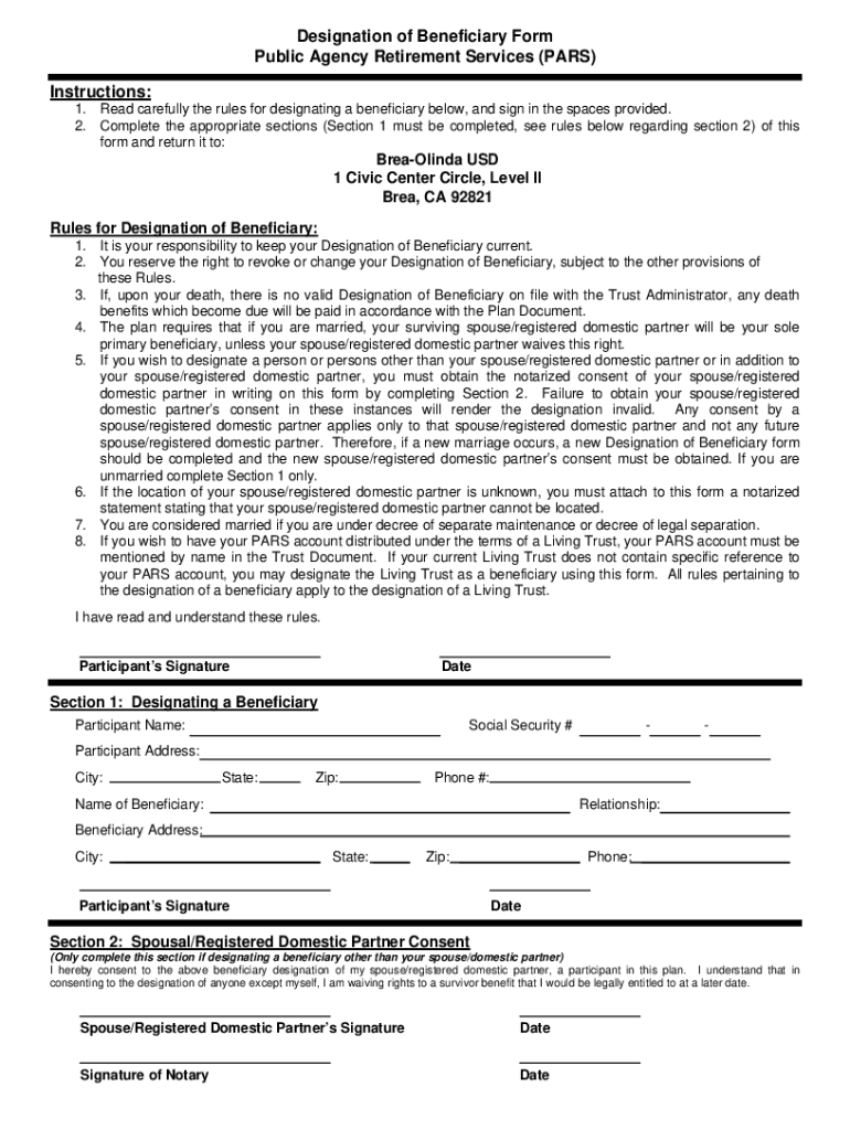 Fillable Online Designation of Beneficiary Form - Dublin, CA Fax Email ...