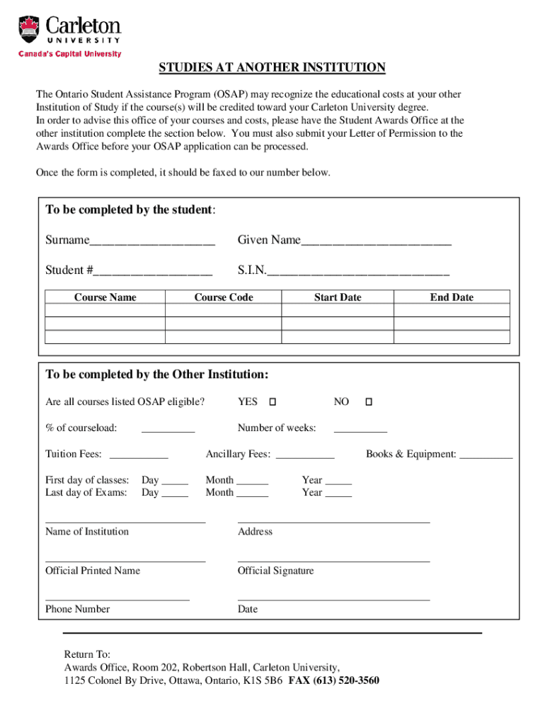 Fillable Online Studies at Another Institution Form Student Awards & ... Fax Email Print - pdfFiller
