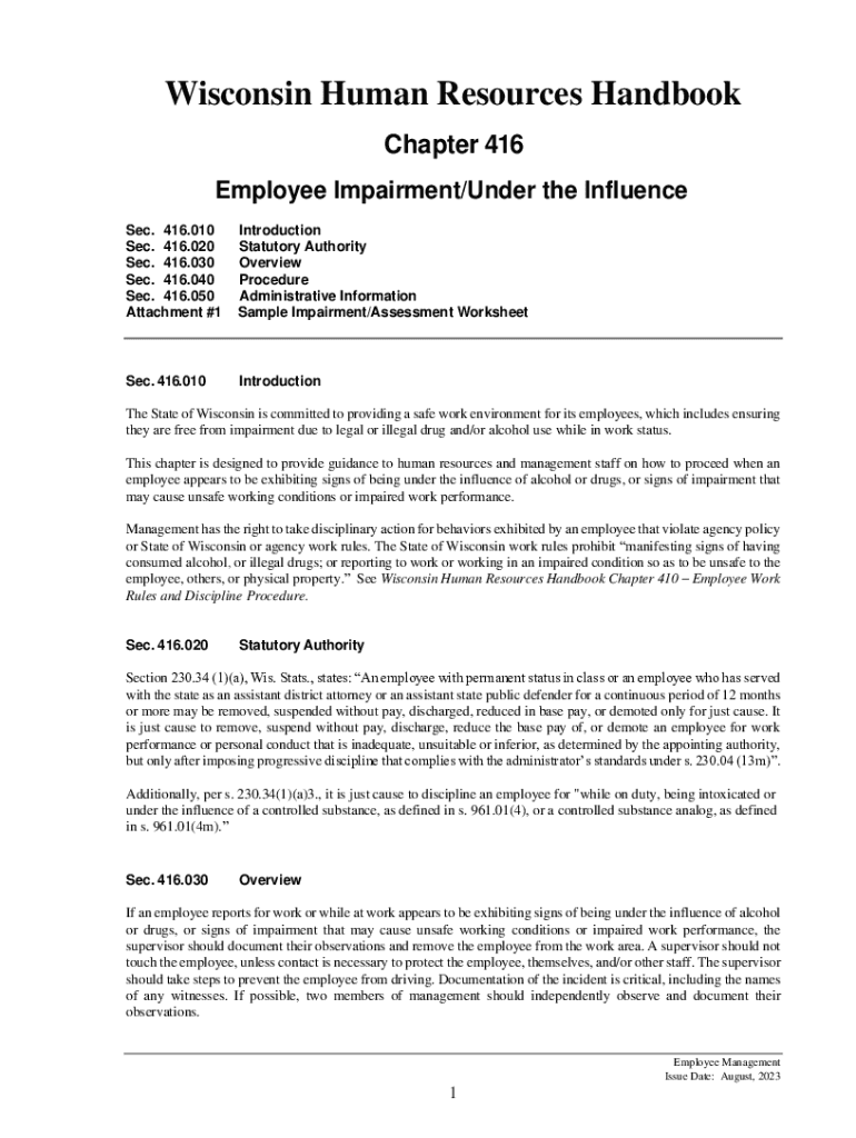 Fillable Online Chapter 416 - Employee Impairment/Under the Influence ...