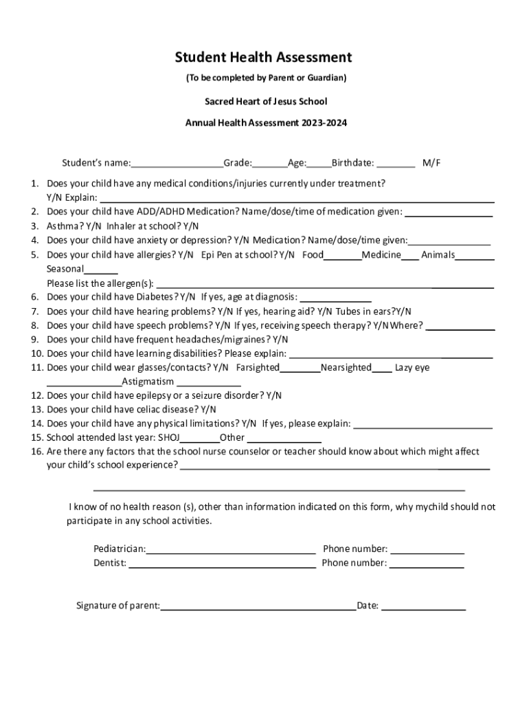 Fillable Online Health Office - Sacred Heart Parish School Fax Email ...