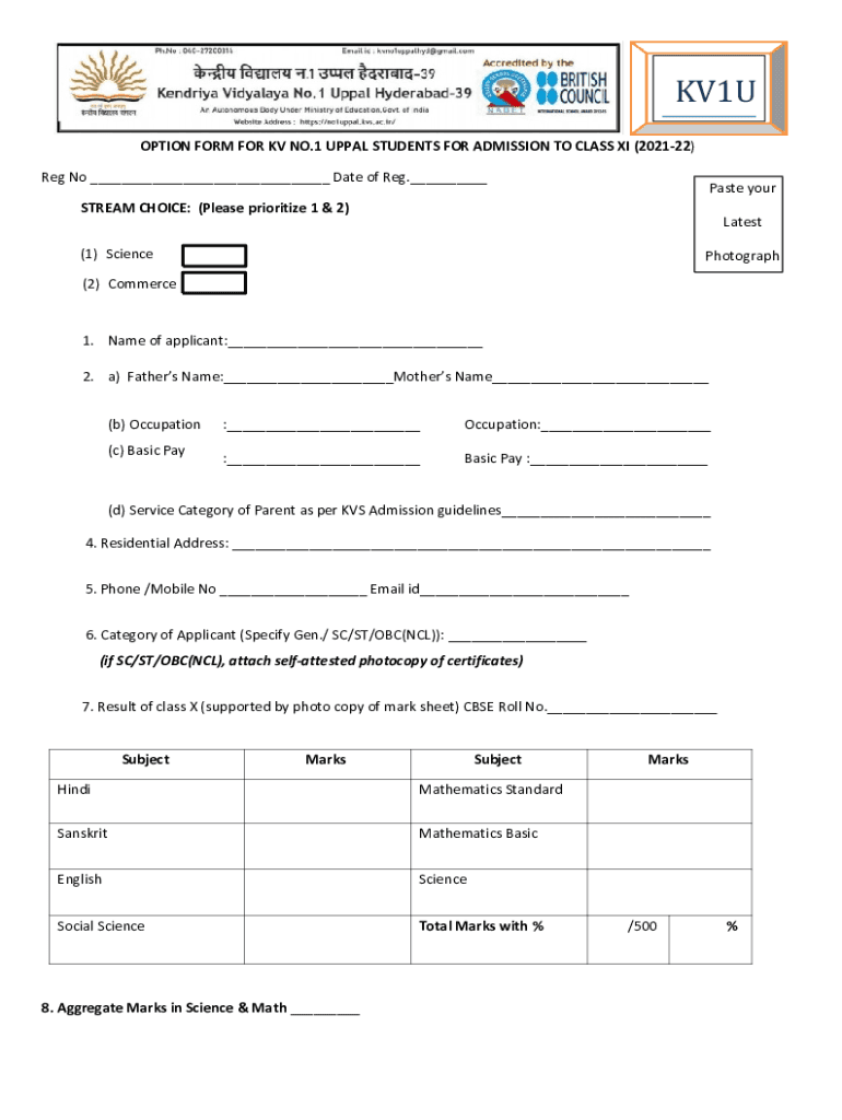 Fillable Online OPTION FORM FOR KV NO.1 UPPAL STUDENTS FOR ... Fax ...