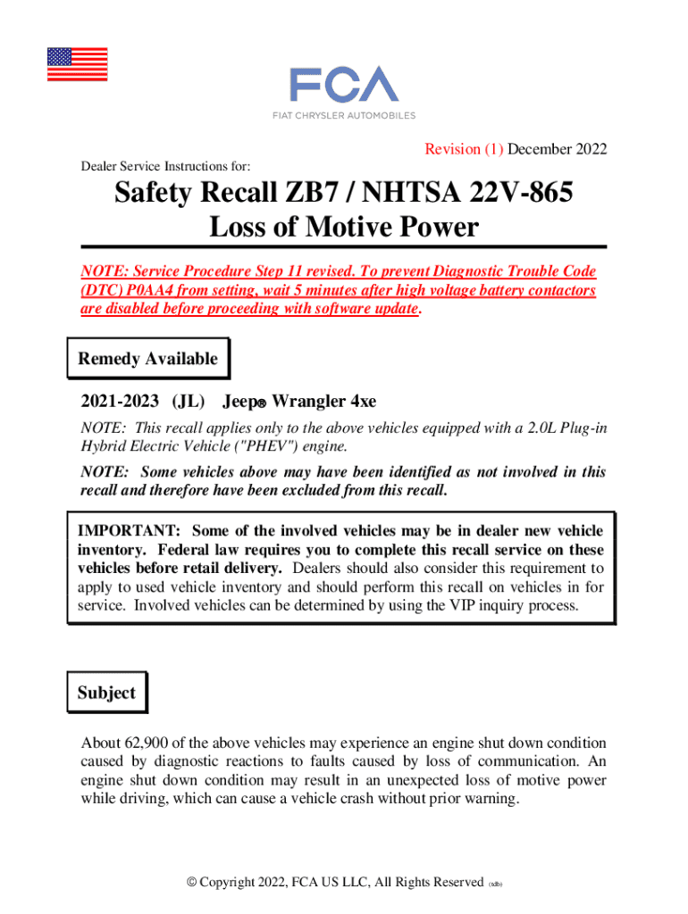 Fillable Online Safety Recall ZB7 / NHTSA 22V-865 Loss of Motive Power ...
