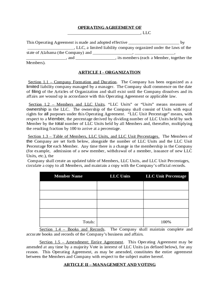 Alabama Multi-Member LLC Operating Agreement Doc Template | pdfFiller