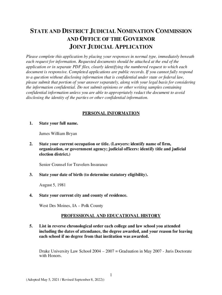 Fillable Online and office of the governor - joint judicial application ...