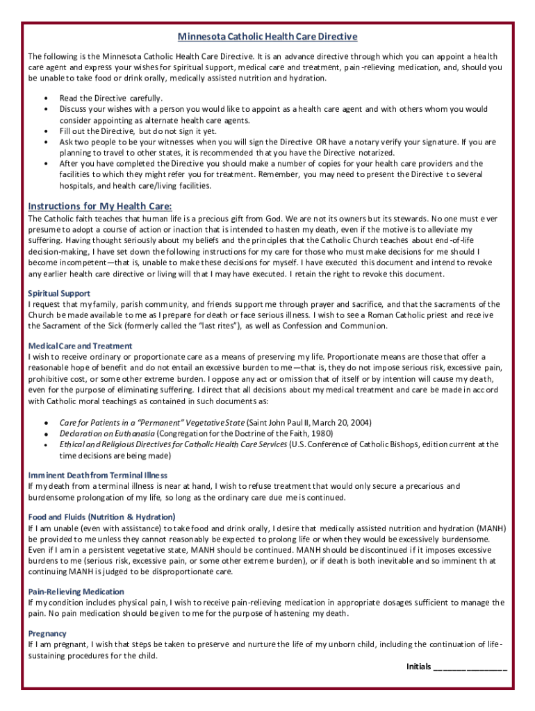 Fillable Online Minnesota catholic health care directive: Fill out ...