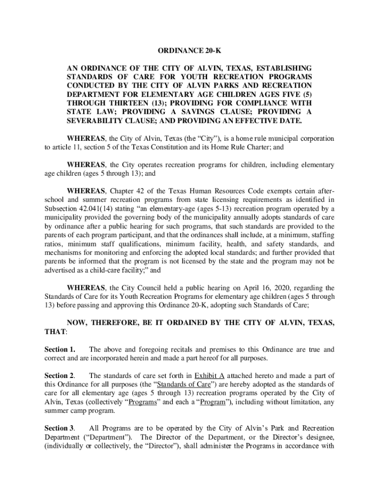 Fillable Online ORDINANCE 20-K AN ORDINANCE OF THE CITY OF ALVIN ...