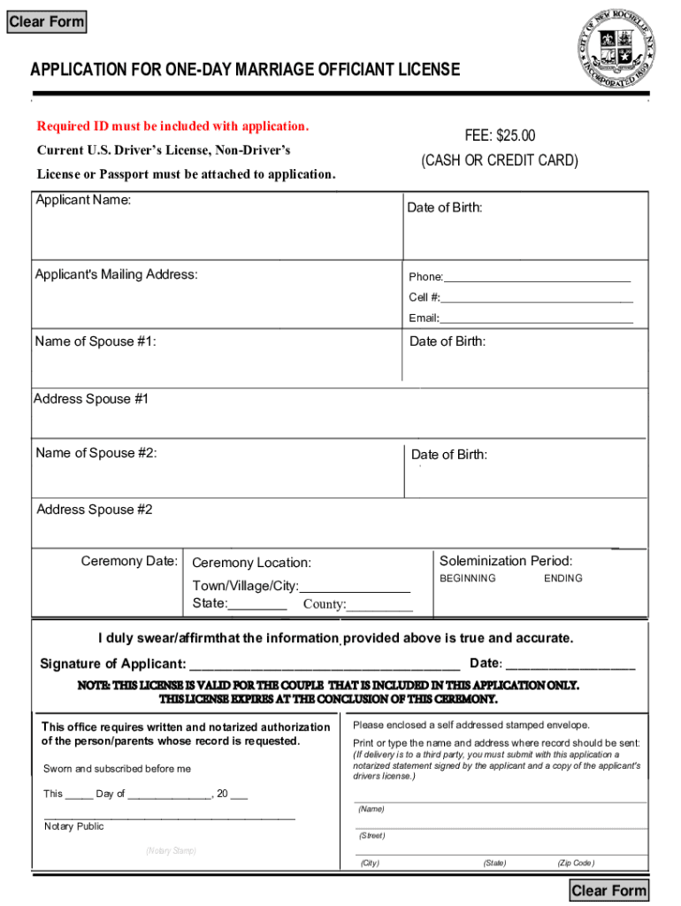 Fillable Online APPLICATION FOR ONE-DAY MARRIAGE OFFICIANT LICENSE Fax ...