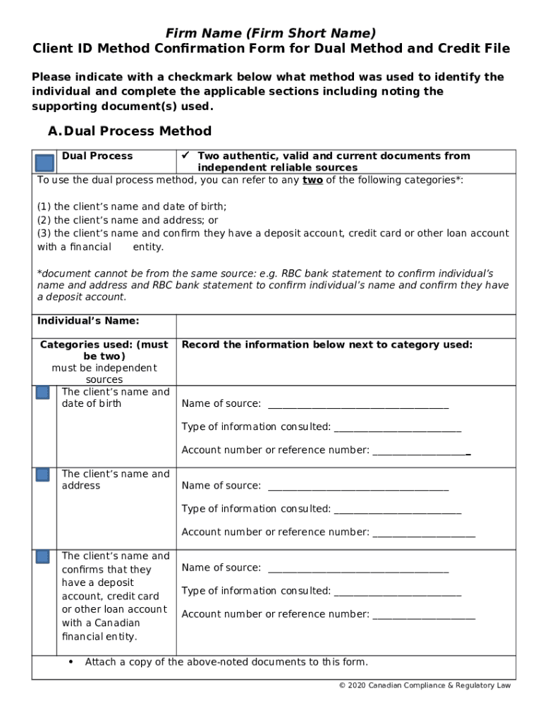 Client ID Method Confirmation for Dual ... Doc Template | pdfFiller