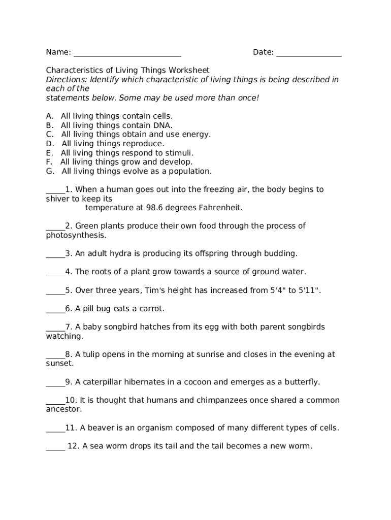 Characteristics of living things worksheet Flashcards Doc Template ...