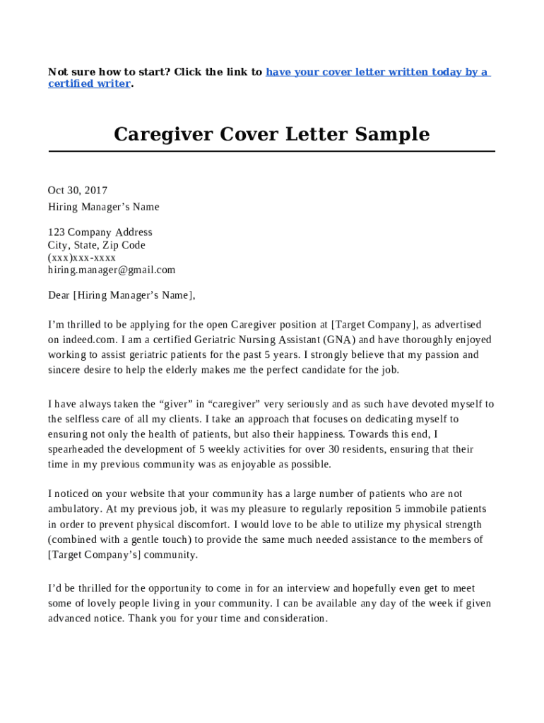 Caregiver Cover Letter Writing Tips and Sample Doc Template | pdfFiller