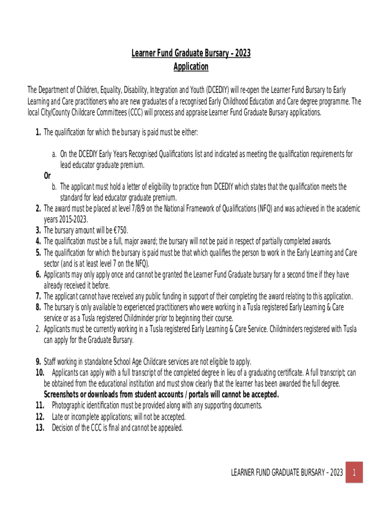 2023 Learner Fund Graduate Bursary Application Doc Template | pdfFiller