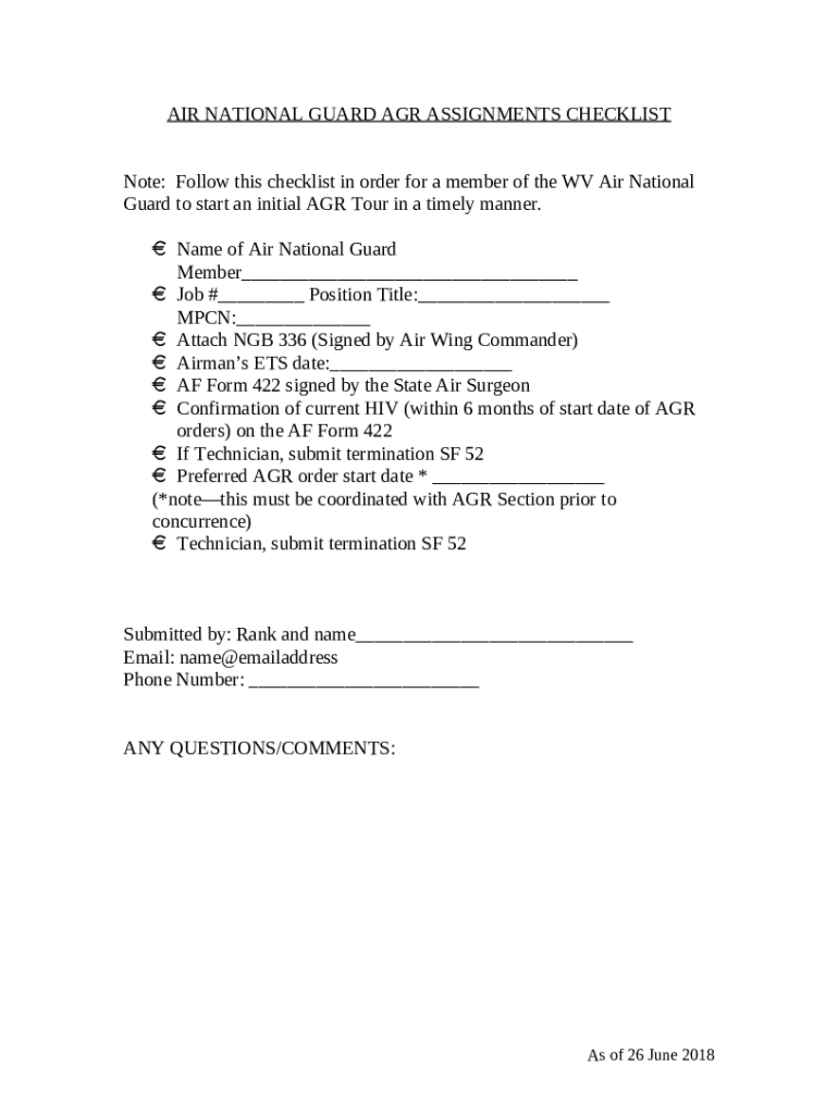 AGR REASSIGNMENTS CHECKLIST - National Guard Doc Template | pdfFiller