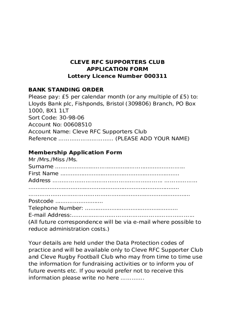 CLEVE RFC SUPPORTERS CLUB APPLICATION ... Doc Template | pdfFiller