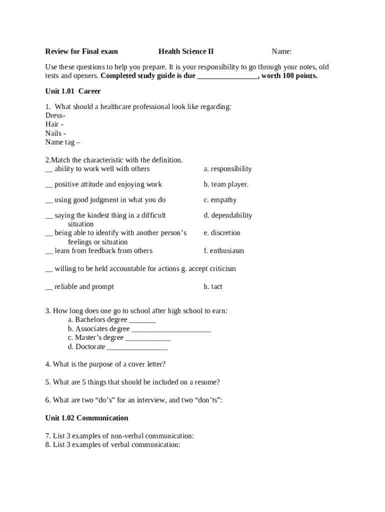 Health Science II: Review for Final Exam Flashcards Doc Template ...