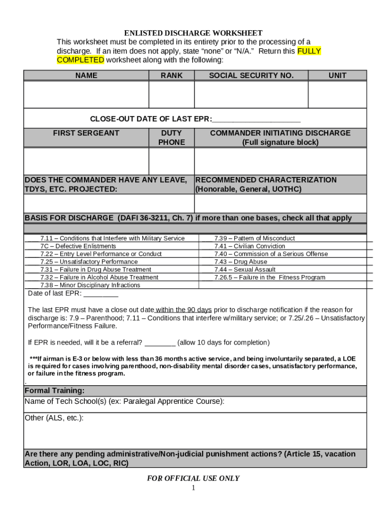 enlisted discharge worksheet Doc Template | pdfFiller