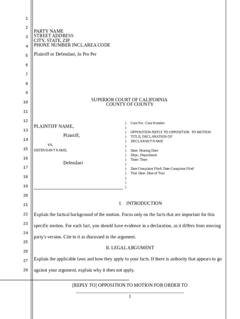 Motions - Generic Opposition or Reply - Template Doc Template | pdfFiller