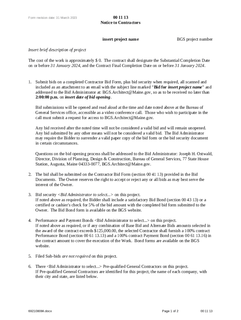 00 11 13 Notice to Contractors Statewide Electric Vehicle ... Doc Template | pdfFiller