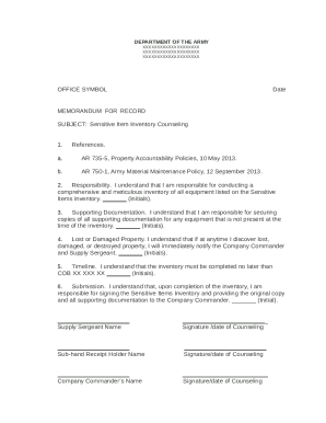 Sensitive Item Inventory Counseling Template Doc Template | pdfFiller