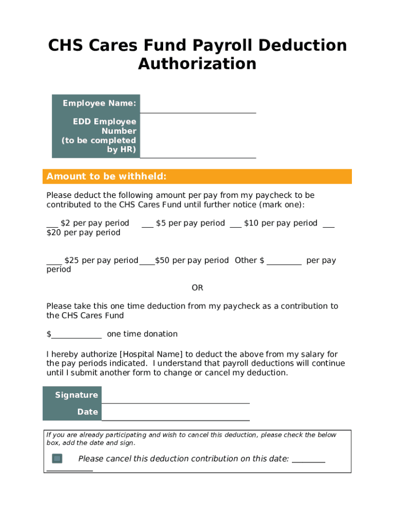 CHS Cares Fund Payroll Deduction Authorization Doc Template | pdfFiller