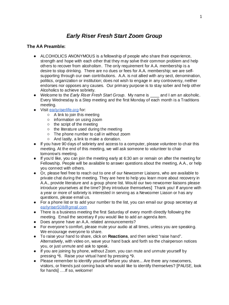 AA Preamble - Early Riser Fresh Start Group Online Doc Template | pdfFiller