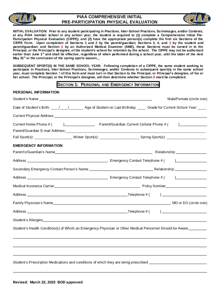 Piaa comprehensive initial physical 2018: Fill out & ... Doc Template ...