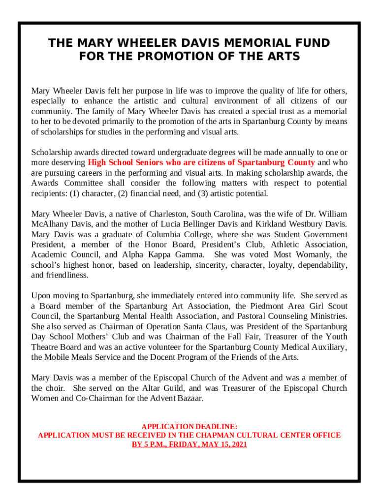THE MARY WHEELER DAVIS MEMORIAL FUND FOR ... Doc Template | pdfFiller