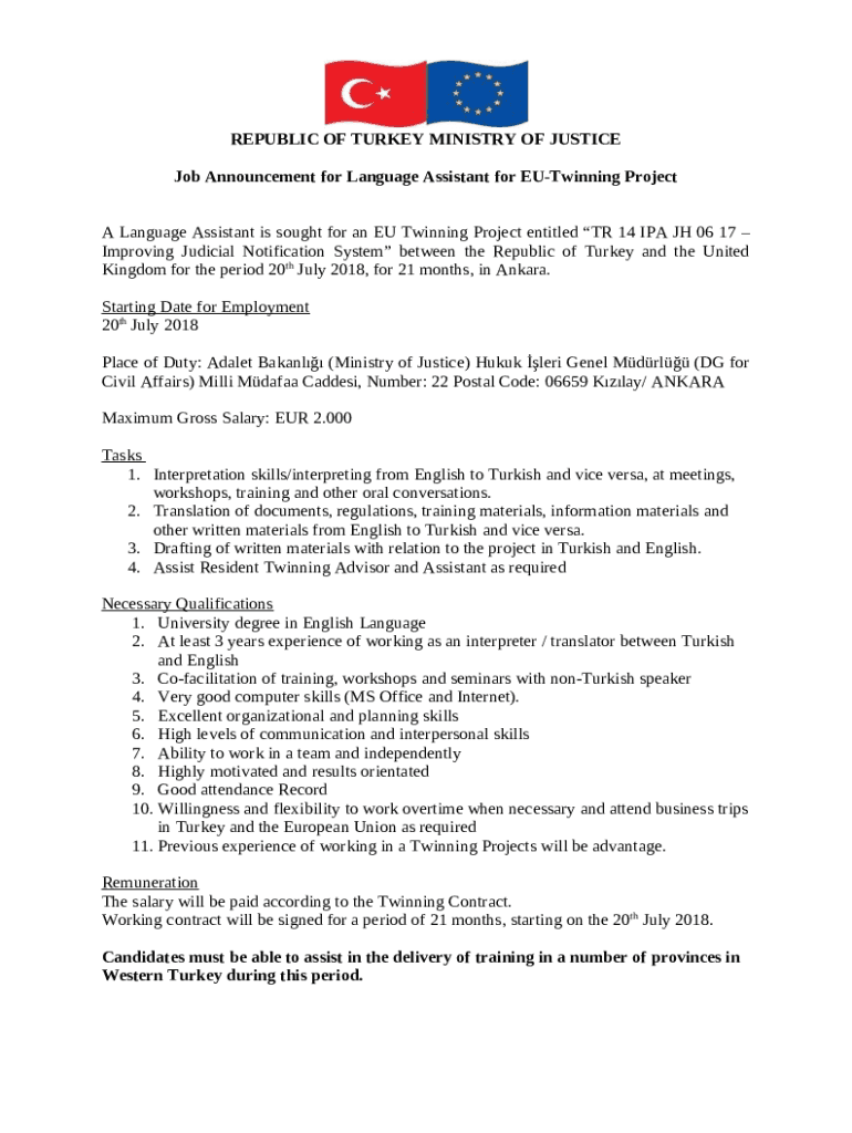 Job Announcement for Resident Twinning Adviser Assistant Doc Template | pdfFiller