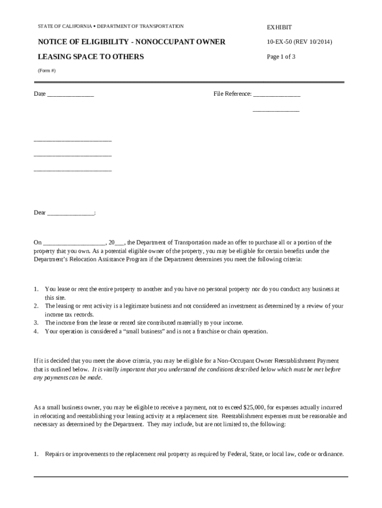 NOTICE OF ELIGIBILITY - NONOCCUPANT OWNER LEASING SPACE TO OTHERS - dot ca Doc Template | pdfFiller