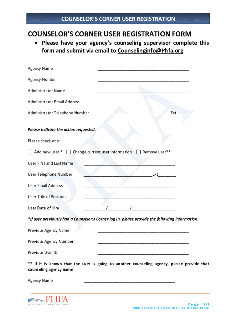 Fillable Online COUNSELOR'S CORNER USER REGISTRATION FORM Fax Email ...