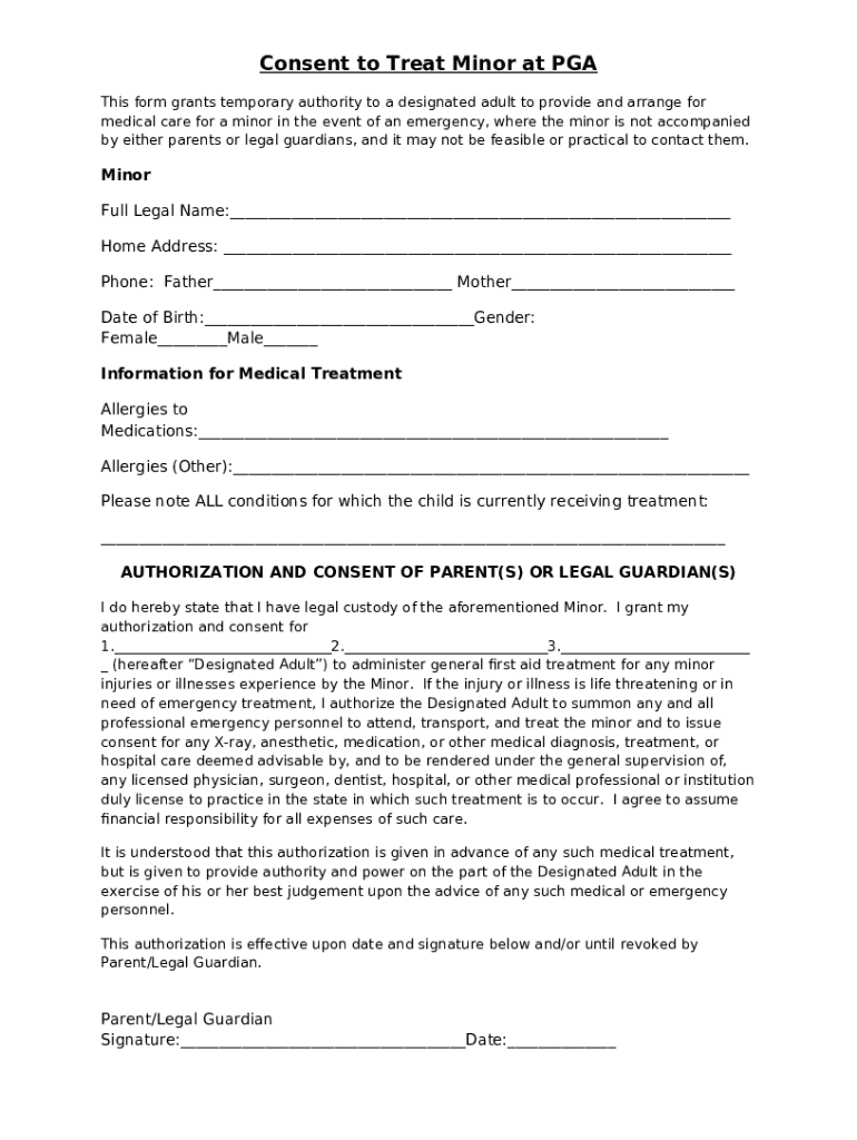 Medical Treatment Authorization for Minors Doc Template | pdfFiller