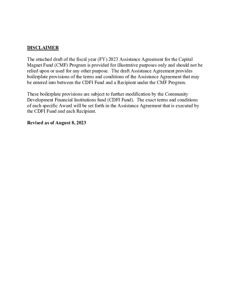 Fillable Online FY 2023 CMF Assistance Agreement Template for Comment ...