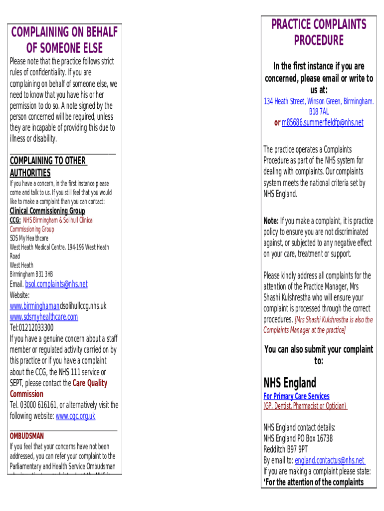 Complaints and Comments Procedure Doc Template | pdfFiller