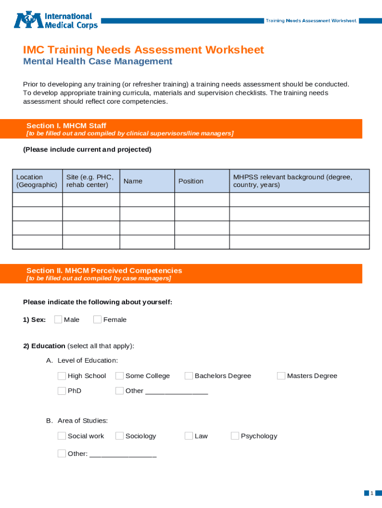 IMC Training Needs Assessment Worksheet ... Doc Template | pdfFiller