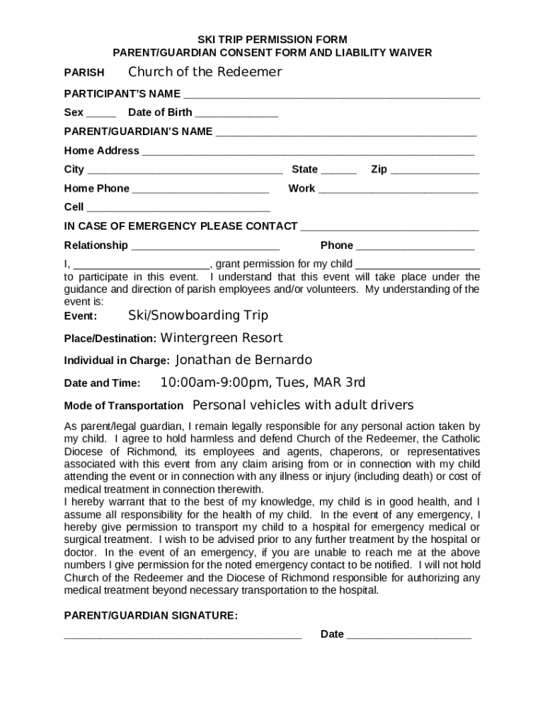 pine grove community church waiver & medical release Doc Template ...