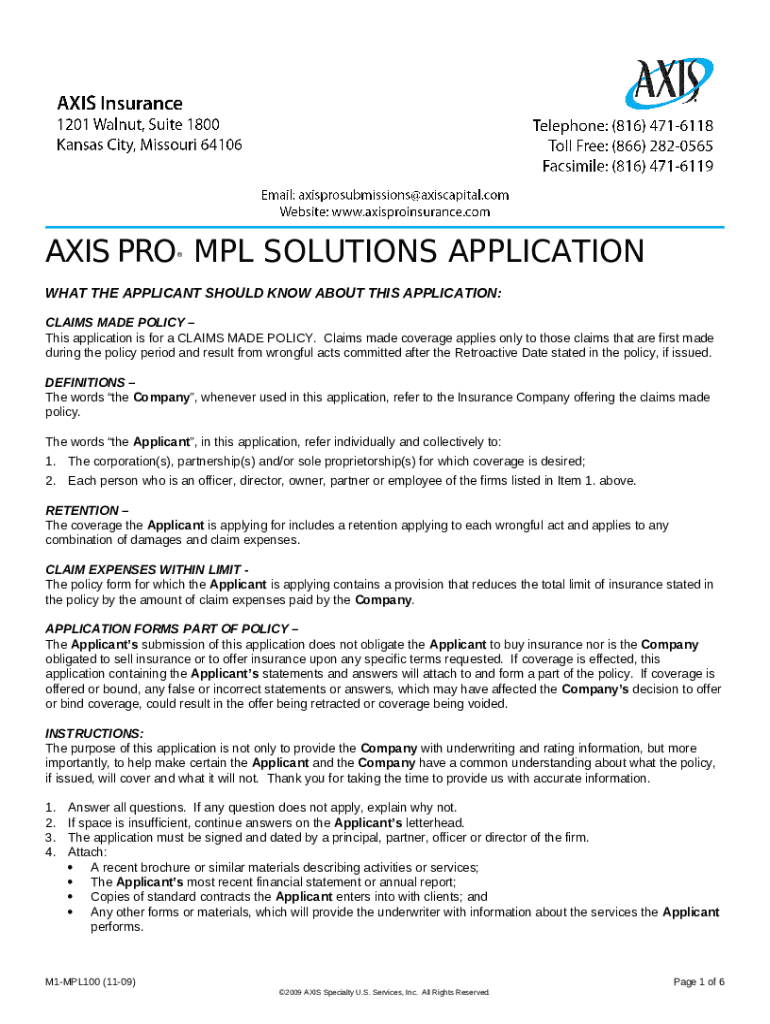 Online AXIS PRO MPL SOLUTIONS APPLICATION ... Doc Template | pdfFiller