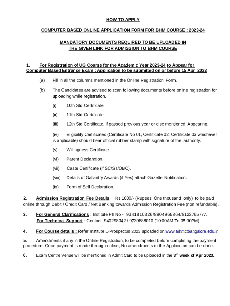 Christ University BHM Application 2024 Doc Template | pdfFiller