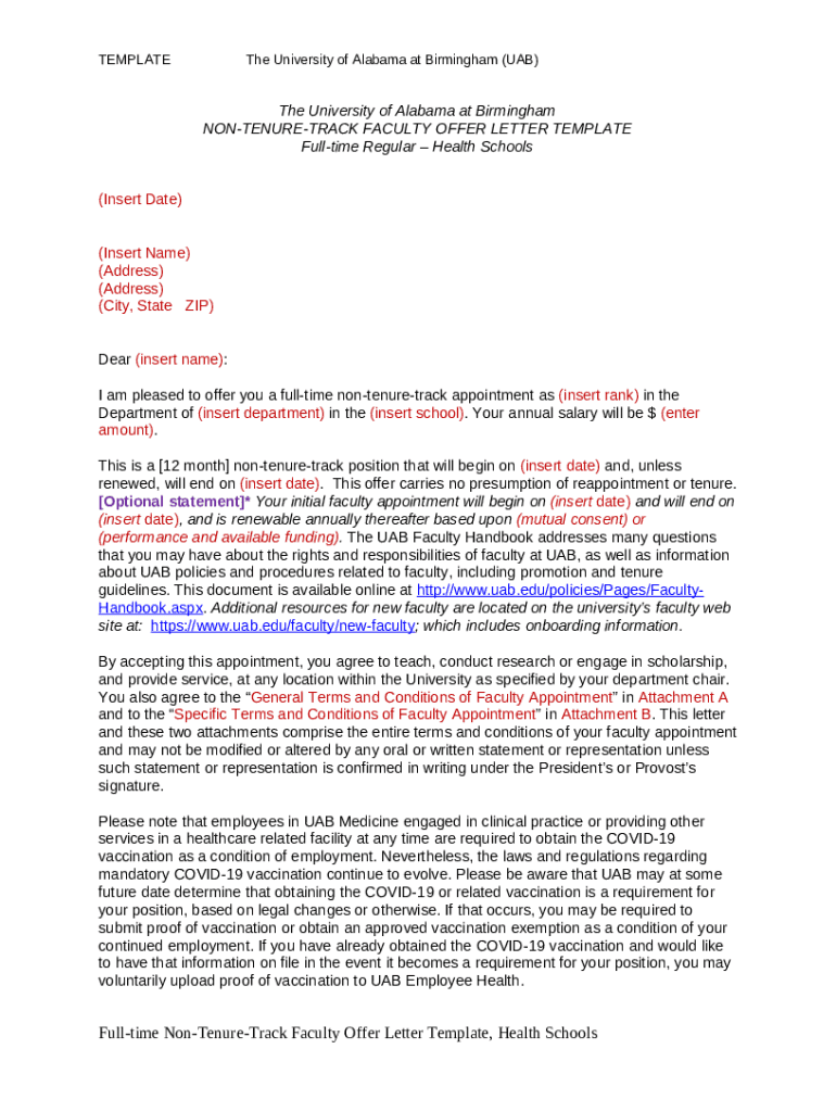 Non tenure track faculty offer letter template health schools Doc Template | pdfFiller