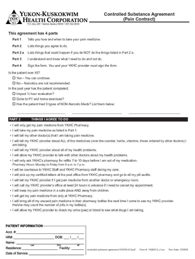 Fillable Online Controlled Substance Agreement (Pain Contract) Fax ...