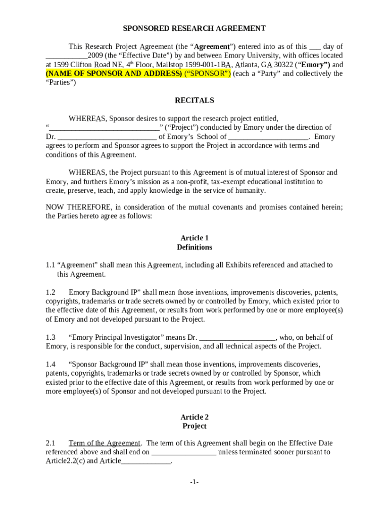 RESEARCH STUDY AGREEMENT - osp emory Doc Template | pdfFiller