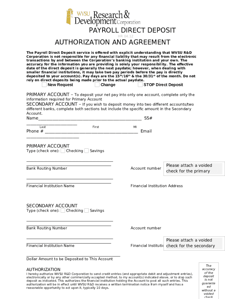PAYROLL DIRECT DEPOSIT AUTHORIZATION AND ... Doc Template | pdfFiller
