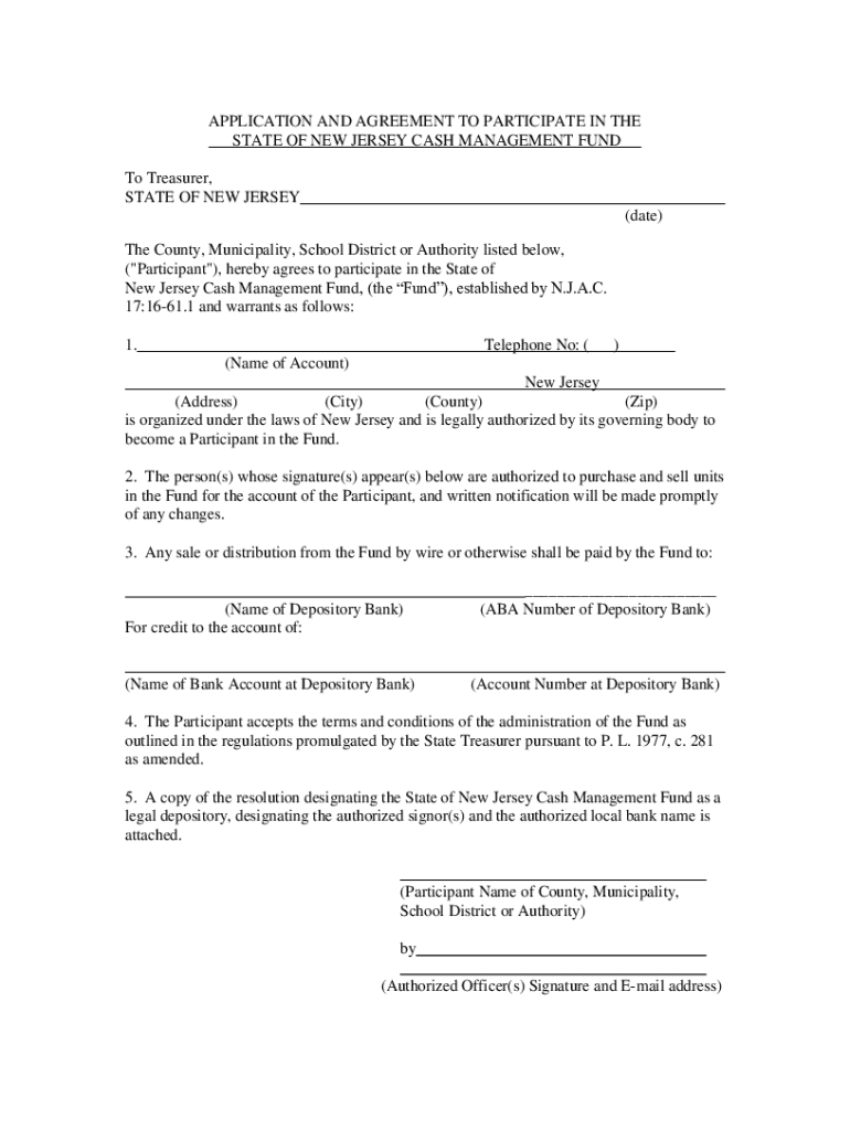 Fillable Online Authorization to establish the cash management plan Fax ...